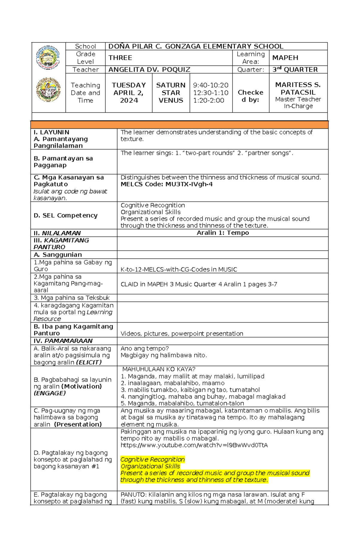 Q4 Mapeh WEEK 1 DAY 2 - Lesson plan - School DOÑA PILAR C. GONZAGA ...