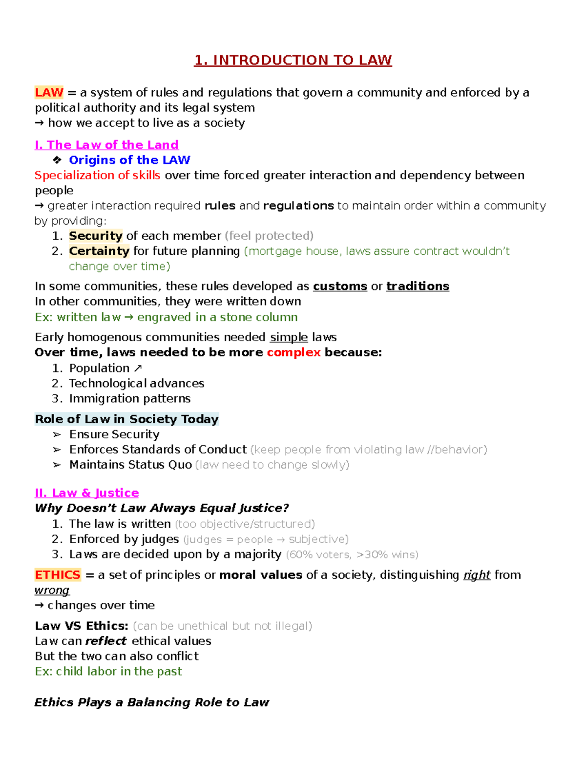COMM 315- Midterm 1 - 1. INTRODUCTION TO LAW LAW = a system of rules ...
