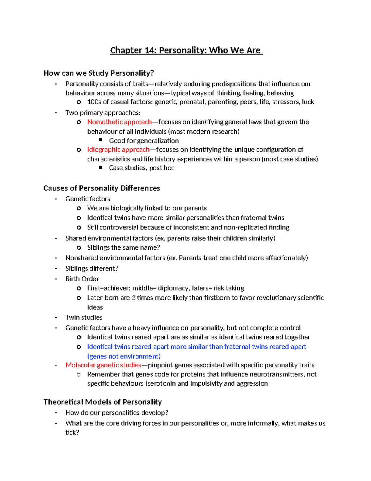 Chapter 14- Personality - parents raise their children similarly) o ...