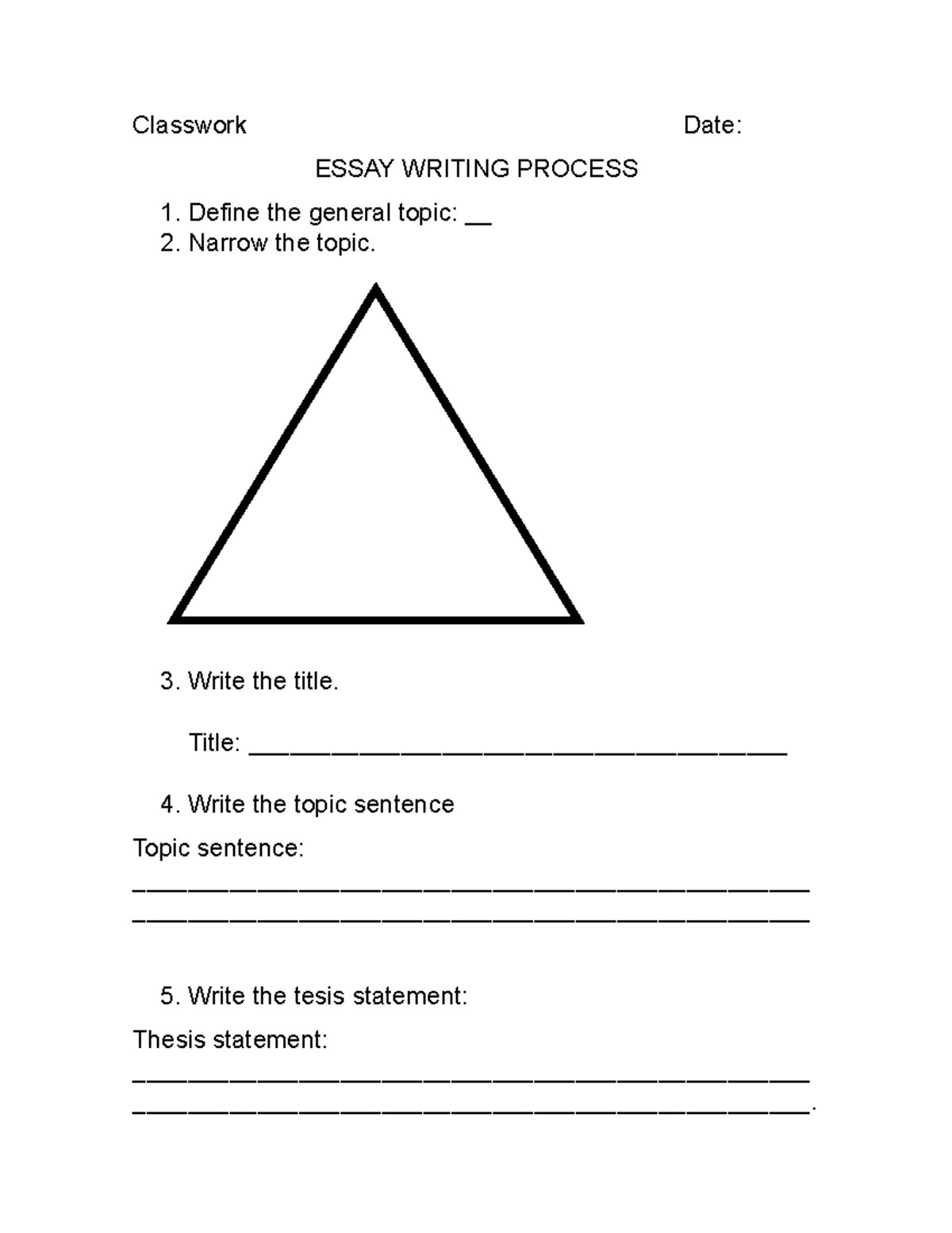 Writing process - Outline - Classwork Date: ESSAY WRITING PROCESS ...