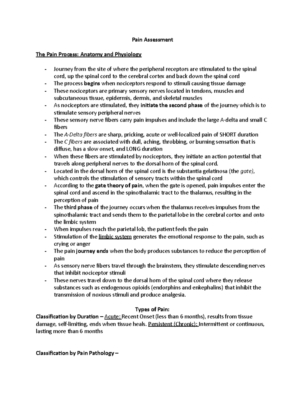 Pain Assessment - Study Guide - Pain Assessment The Pain Process ...