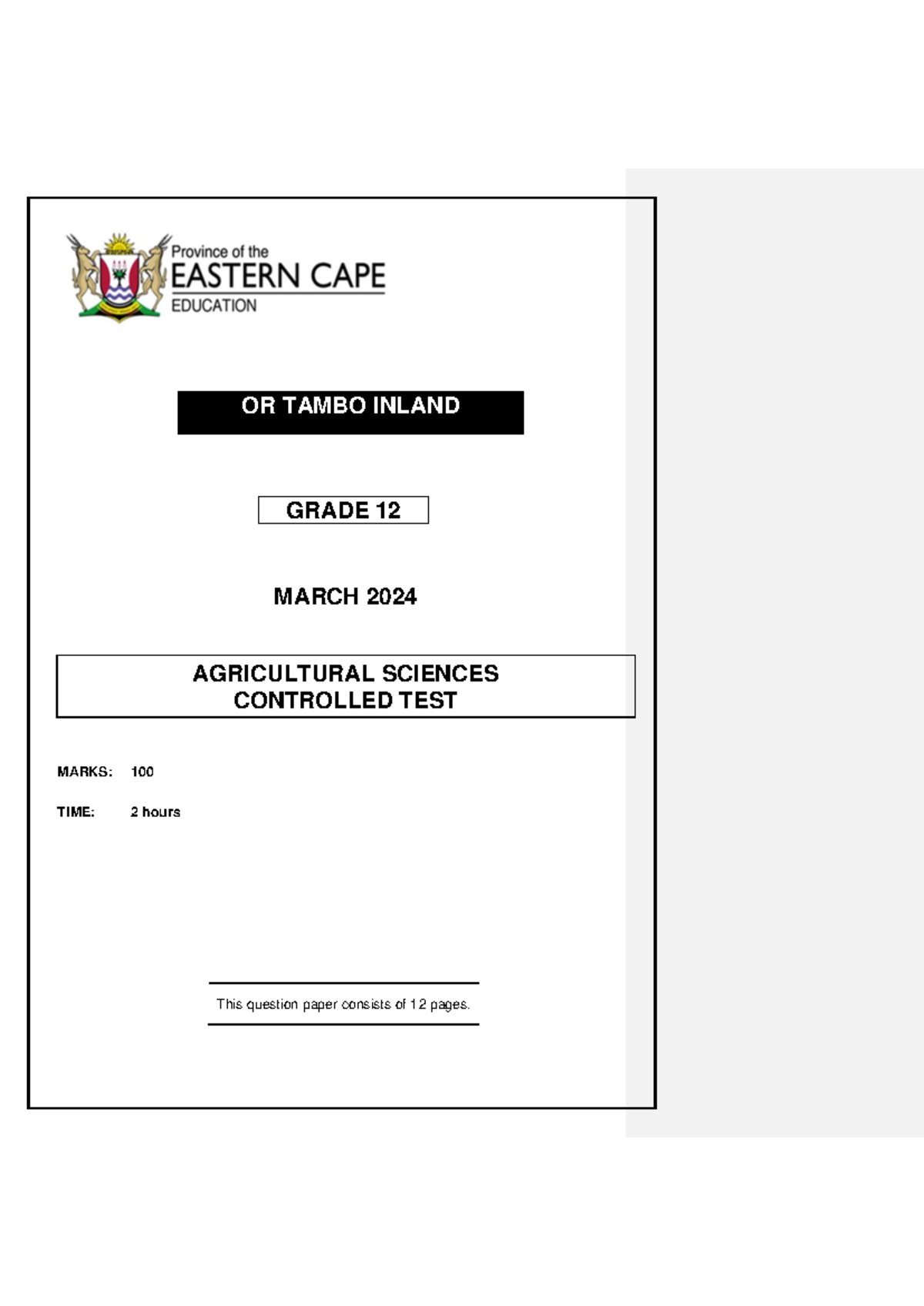 Grade 10 June examinations 2024 - OR TAMBO INLAND GRADE 1 2 MARCH 2024 ...