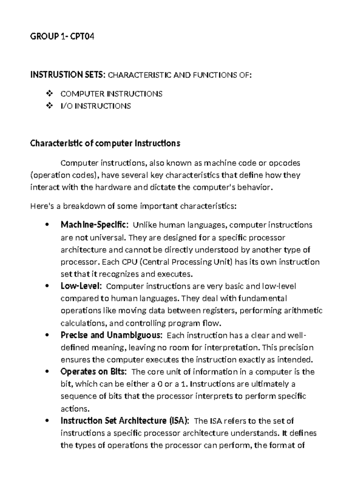 CPT04- Group 1-Module - GROUP 1- CPT INSTRUSTION SETS: CHARACTERISTIC ...
