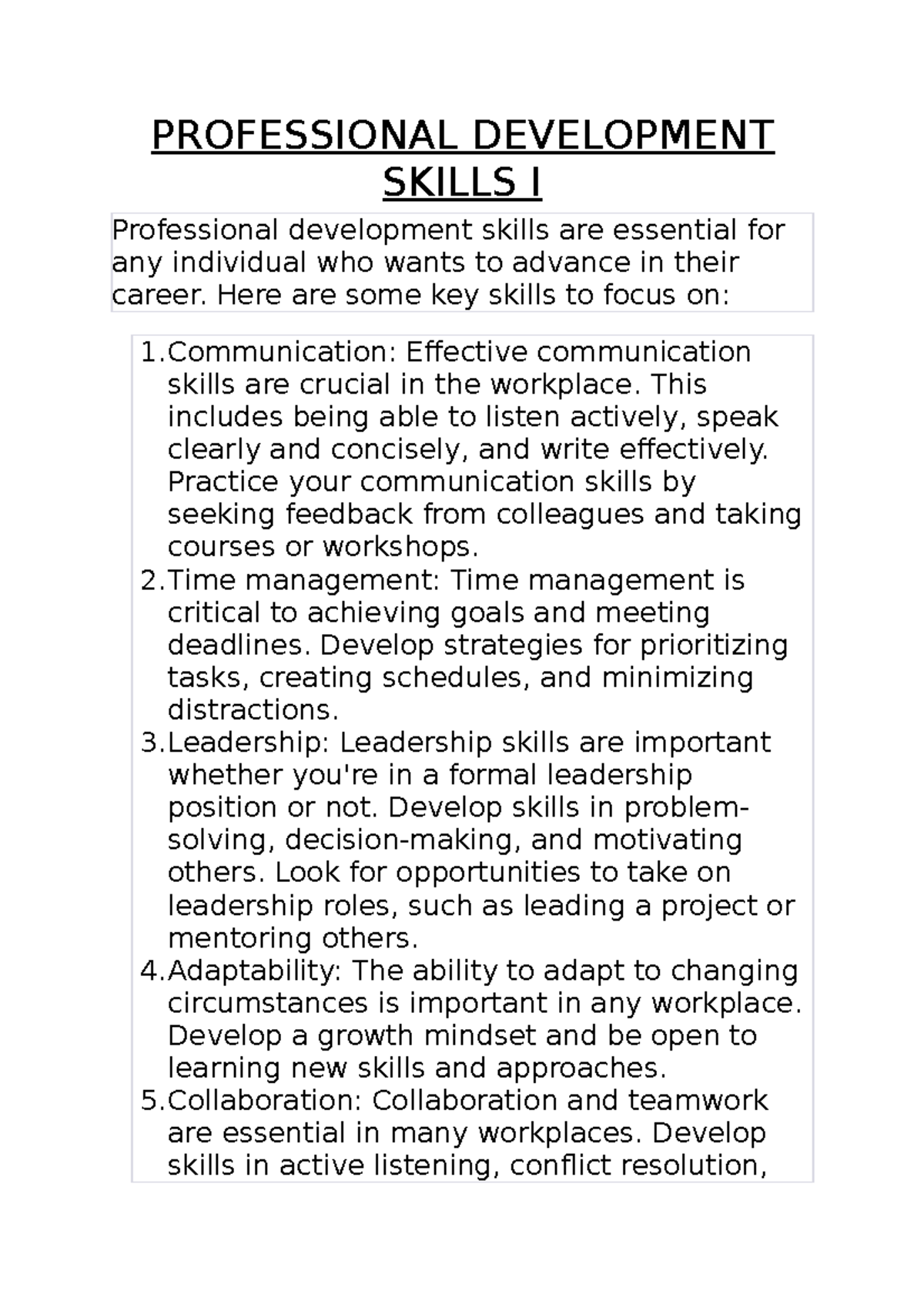 Professional Development Skills I - PROFESSIONAL DEVELOPMENT SKILLS I Professional development ...