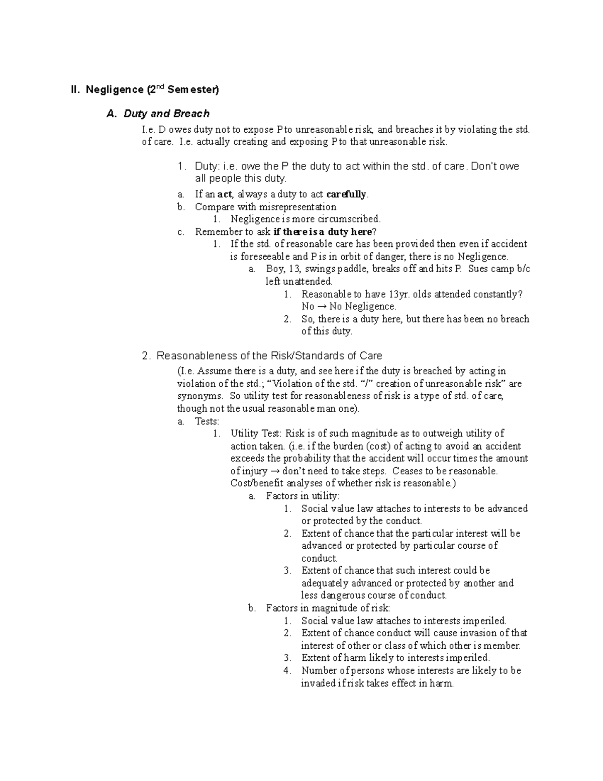 Torts Law Outline - Professor Montoya - II. Negligence (2nd Semester) A ...