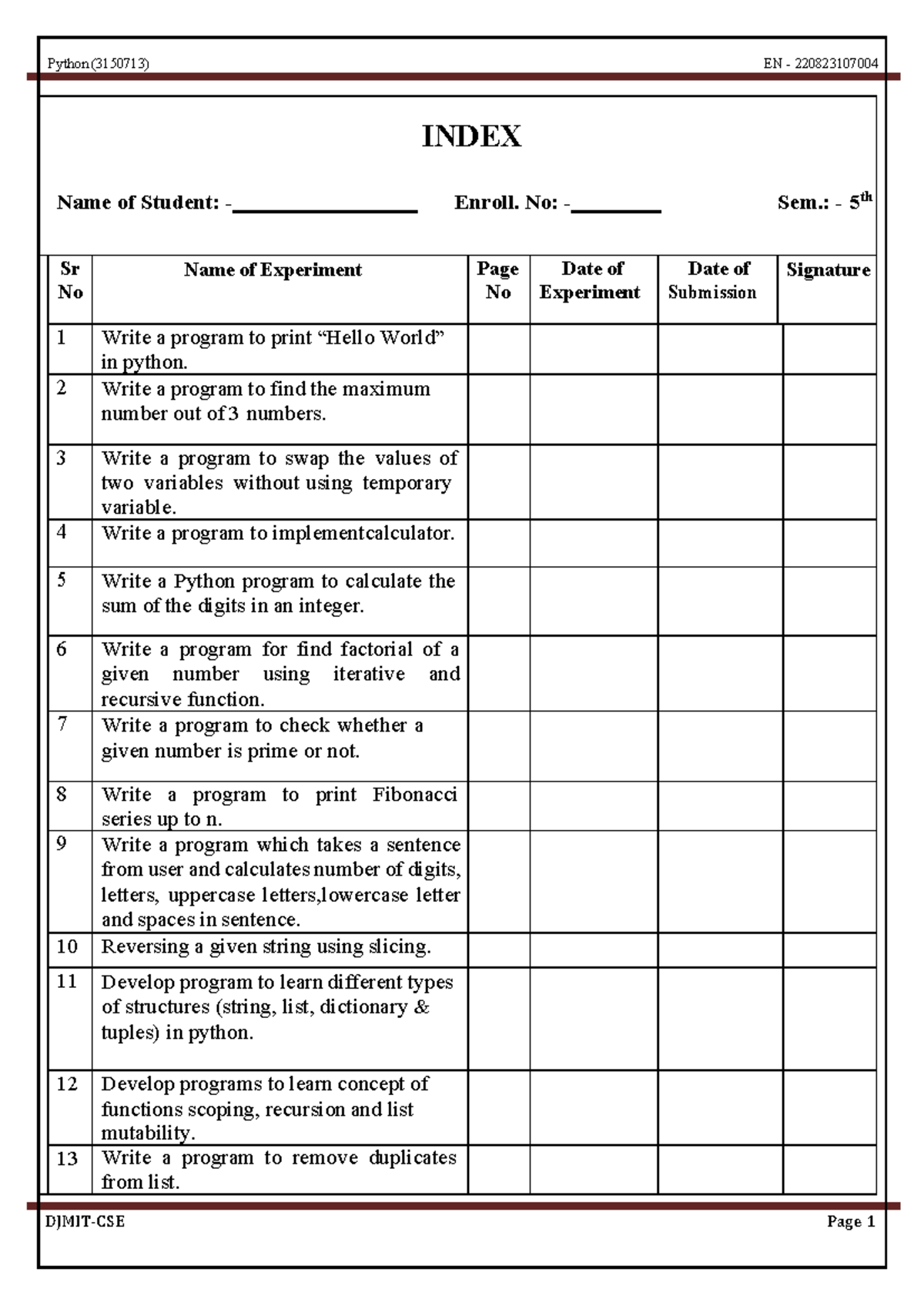 Lab Manual PDS 2023 D - INDEX Name of Student: - Enroll. No: - Sem ...