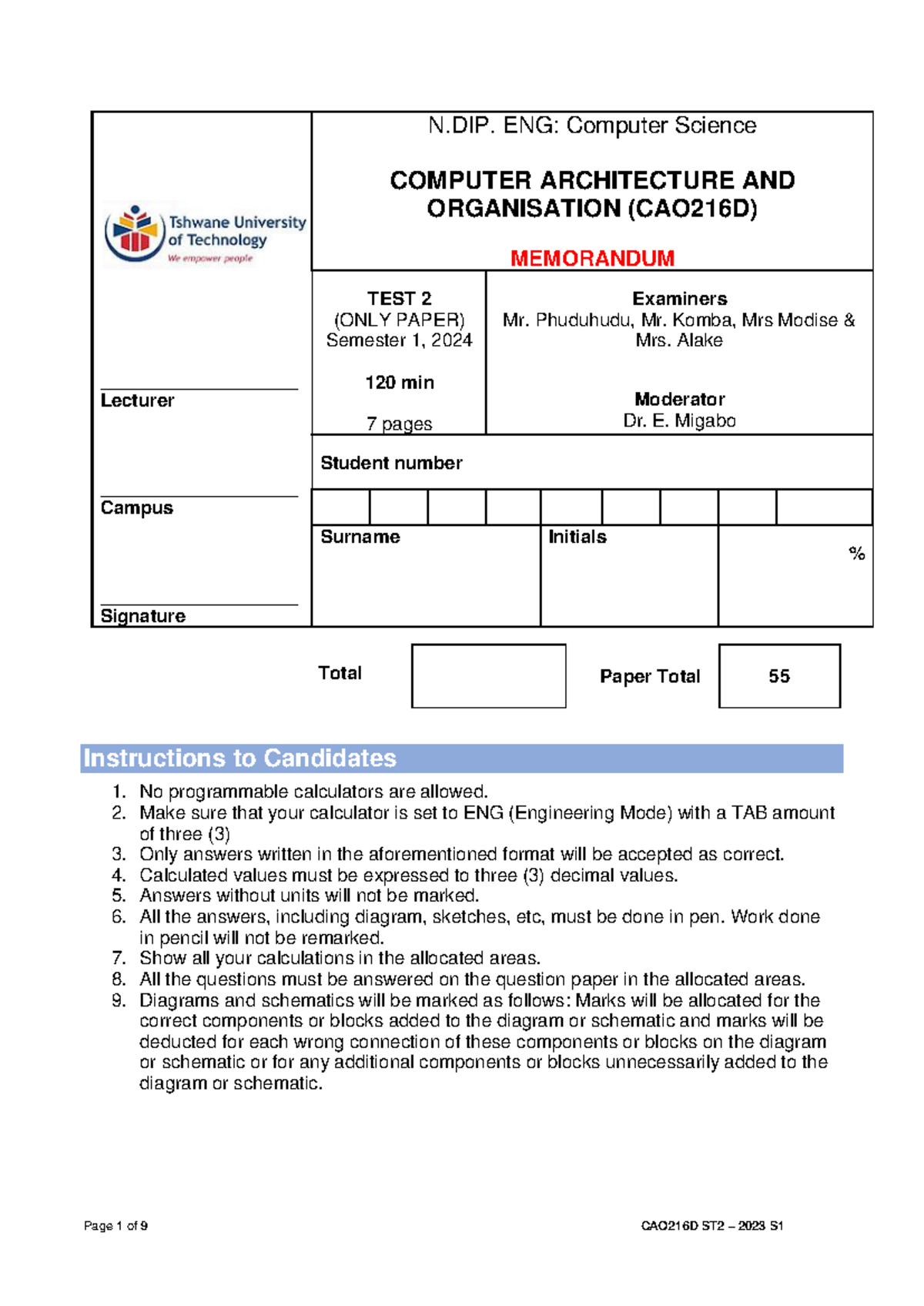 CAO216D FA2 2024 MEMO - _______________________ Lecturer _______________________ Campus - Studocu