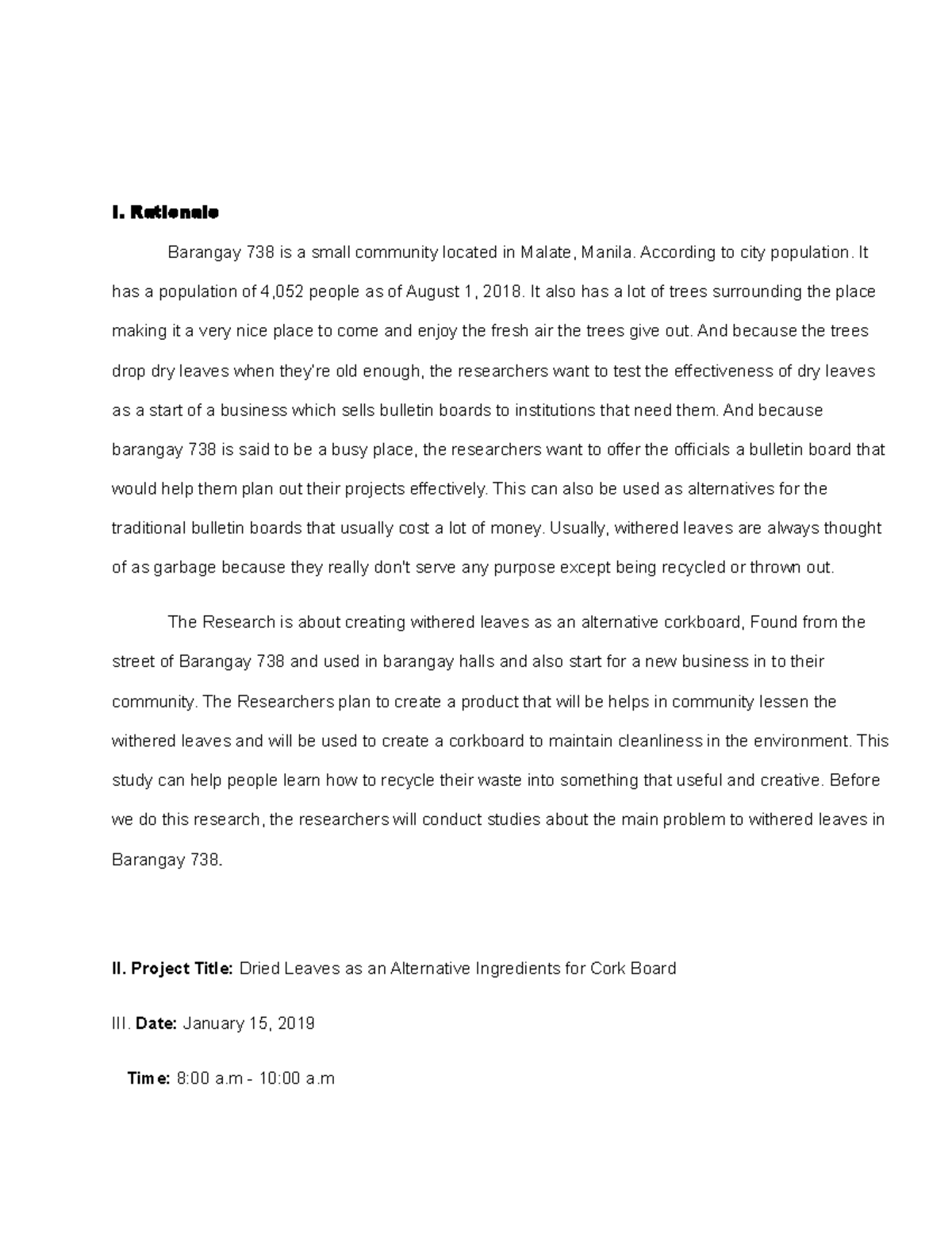 Project Proposal - I. Rationale Barangay 738 is a small community ...