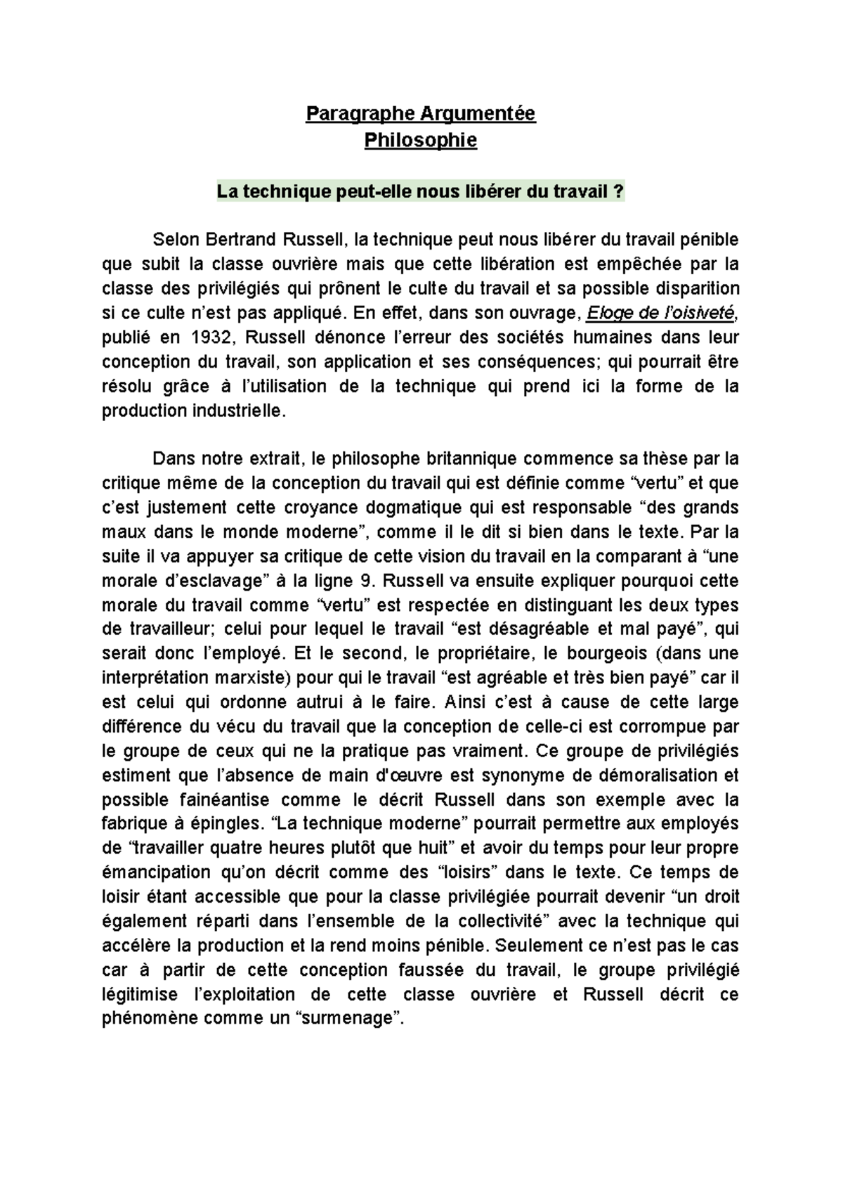 dissertation philosophie avec notion de technique - Paragraphe Argumentée Philosophie La ...