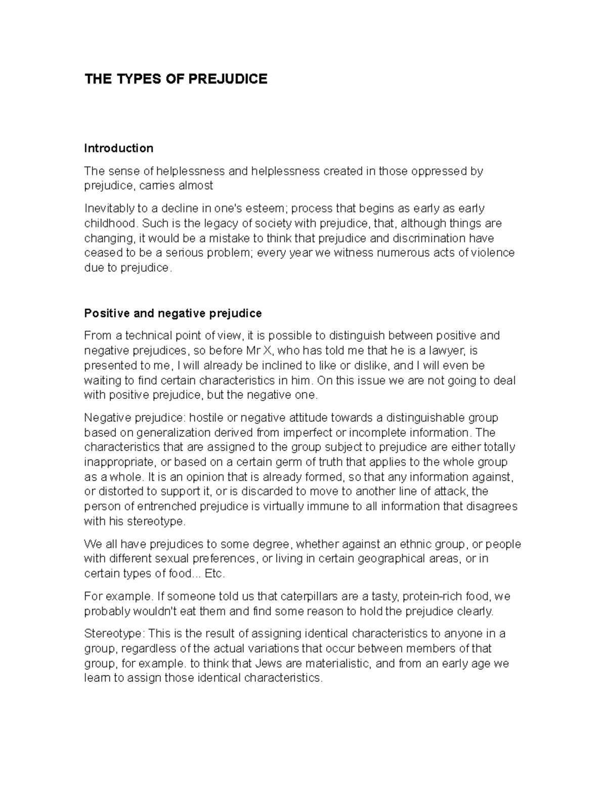 The types of prejudice - THE TYPES OF PREJUDICE Introduction The sense ...