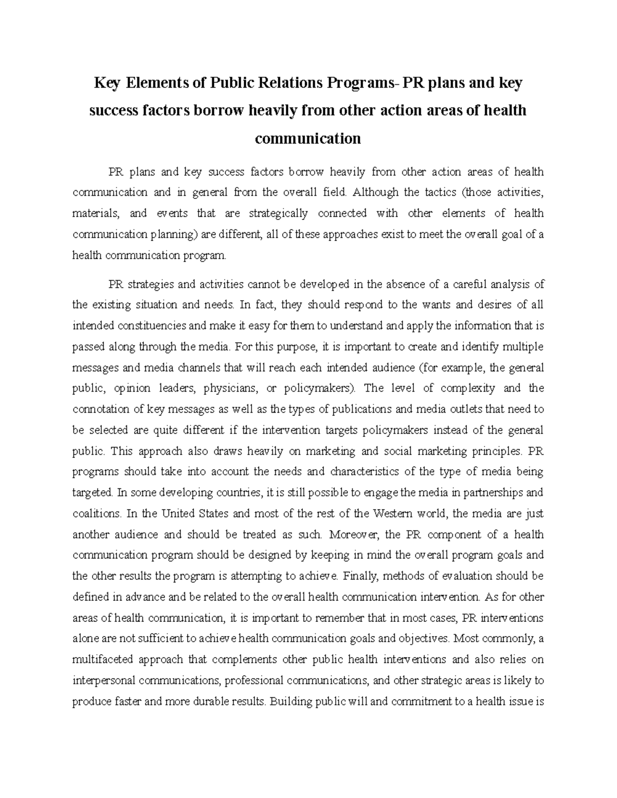 Key Elements of Public Relations Programs- PR plans and key success ...