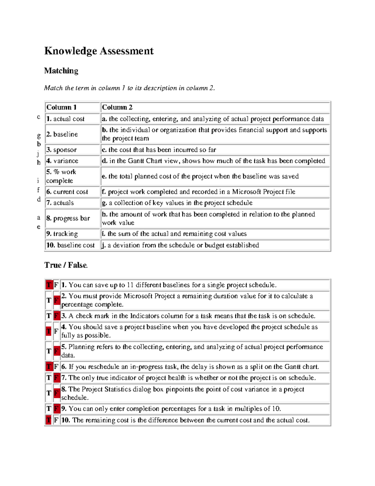 Project Lesson 9 Exercises - Knowledge Assessment Matching Match the ...