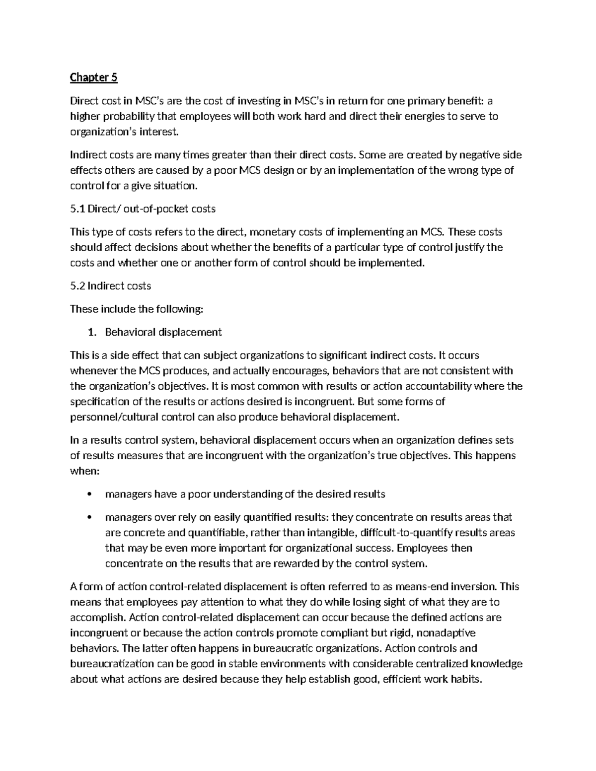 Chapter 5+6 - Summary Management control systems - Chapter 5 Direct cost in MSC’s are the cost ...