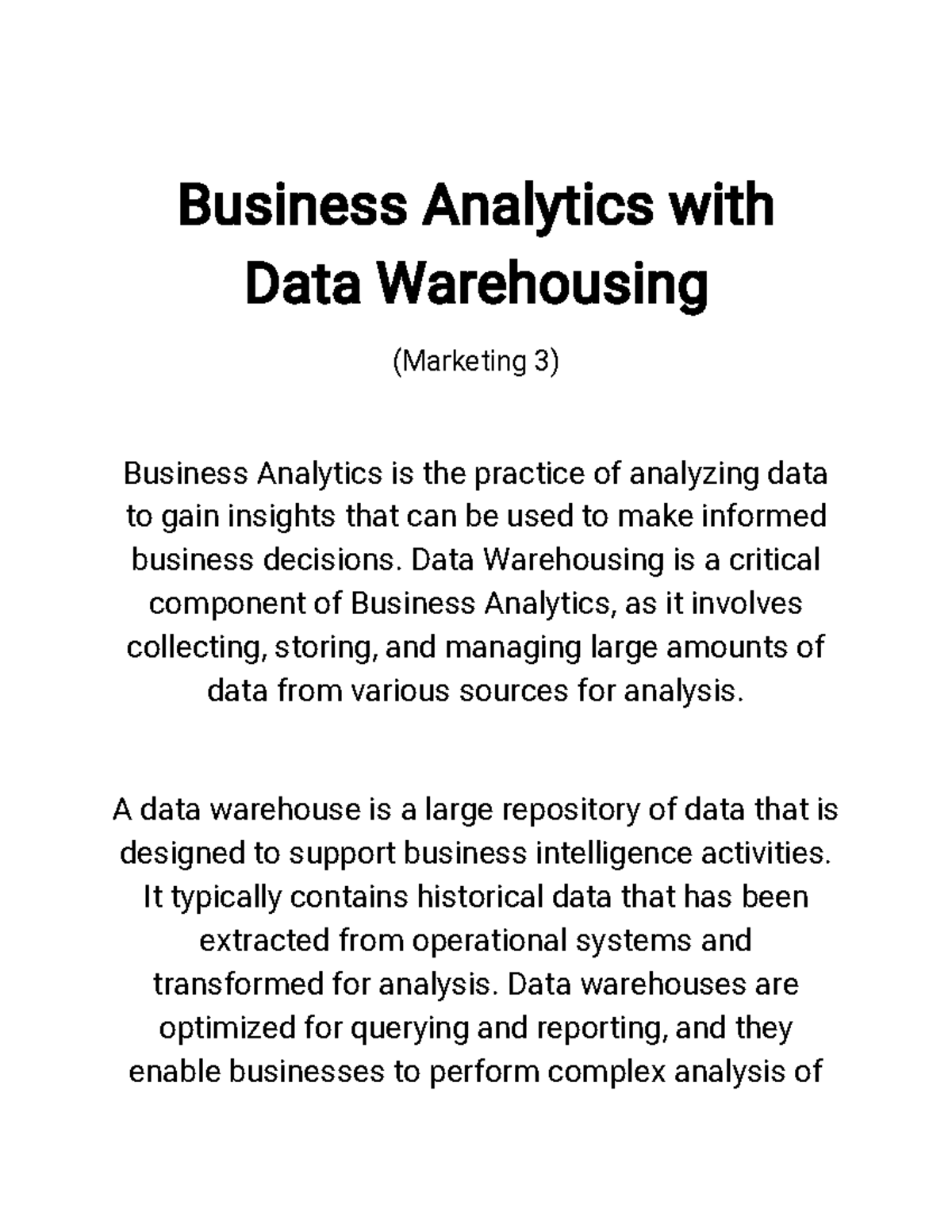 Business Analytics with Data Warehousing (Marketing 3) - Business ...