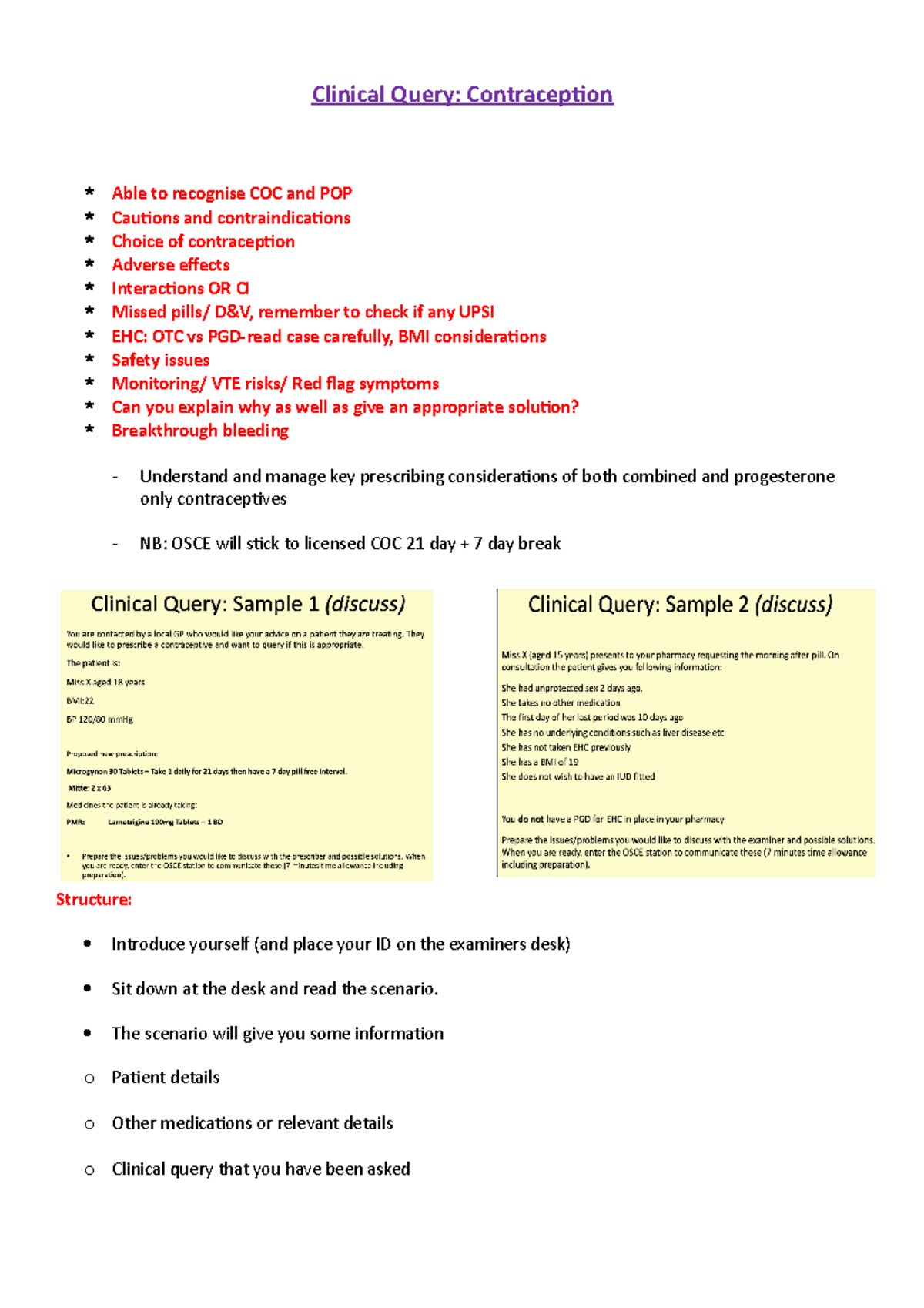 Clinical Query: OSCE notes - Clinical Query: Contracepion *** Able to ...
