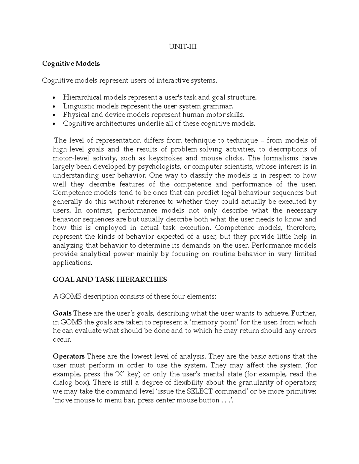 Unit3 HCI - kxgetsdfkjg - UNIT-III Cognitive Models Cognitive models represent users of ...