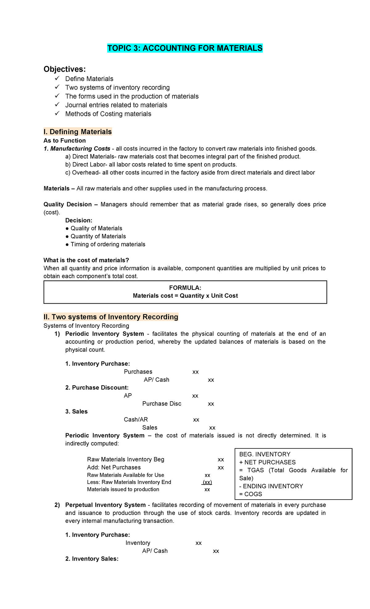 Cosman Notes (PART 2) - TOPIC 3: ACCOUNTING FOR MATERIALS Objectives ...