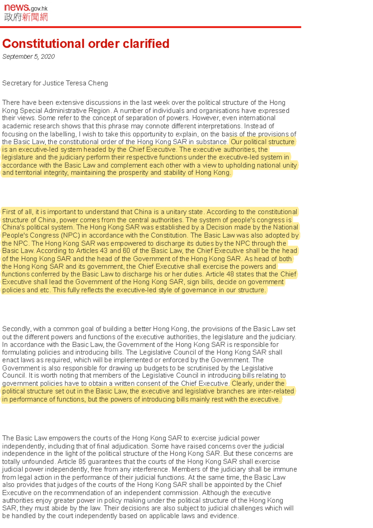 Constitutional order clarified - Constitutional order clarified September 5, 2020 Secretary for ...