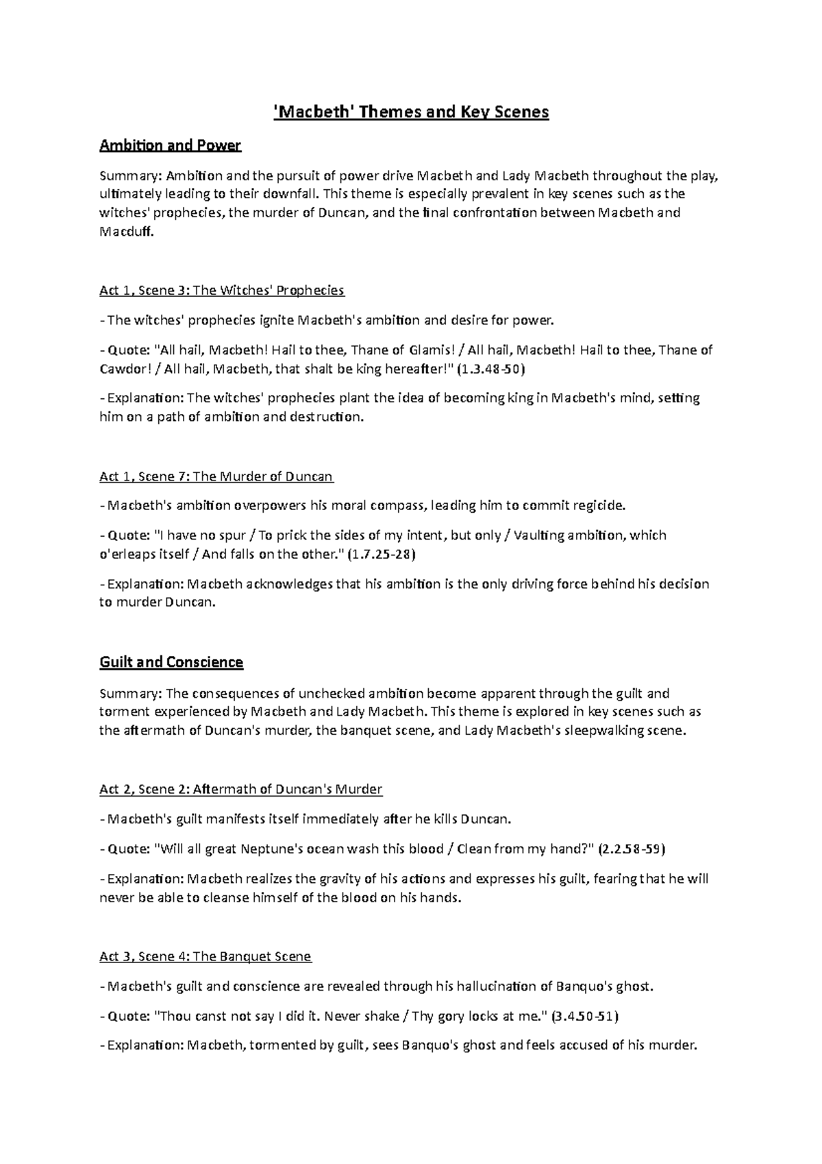 Themes Notes - 'Macbeth' Themes and Key Scenes Ambition and Power ...
