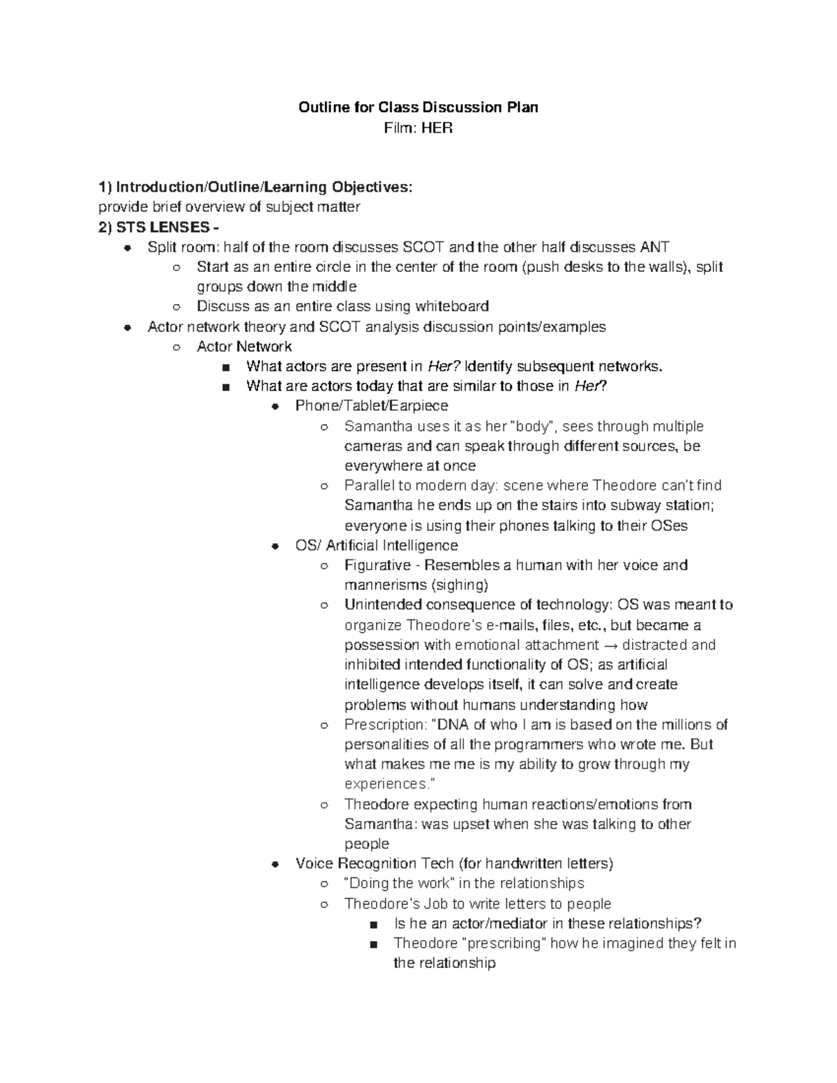 STS Notes - Outline for Class Discussion Plan Film: HER Introduction ...