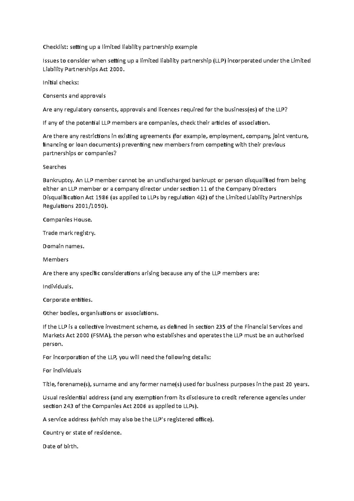 Checklist limited liability - Checklist: setting up a limited liability ...