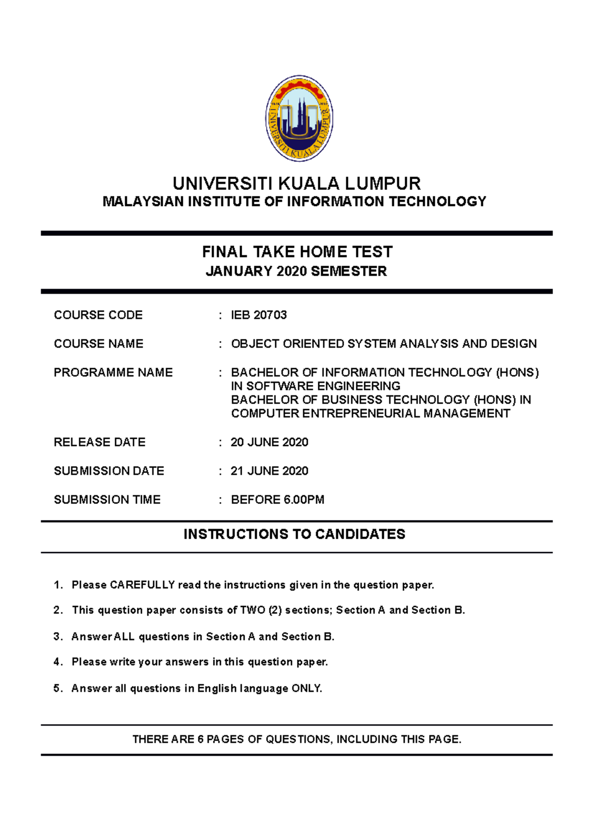 Exam 3 January 2020, questions - UNIVERSITI KUALA LUMPUR MALAYSIAN ...