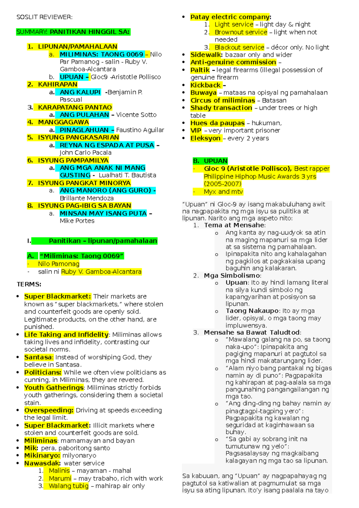 Soslit Reviewer - SOSLIT REVIEWER: SUMMARY: PANITIKAN HINGGIL SA: 1. LIPUNAN/PAMAHALAAN a. - Studocu