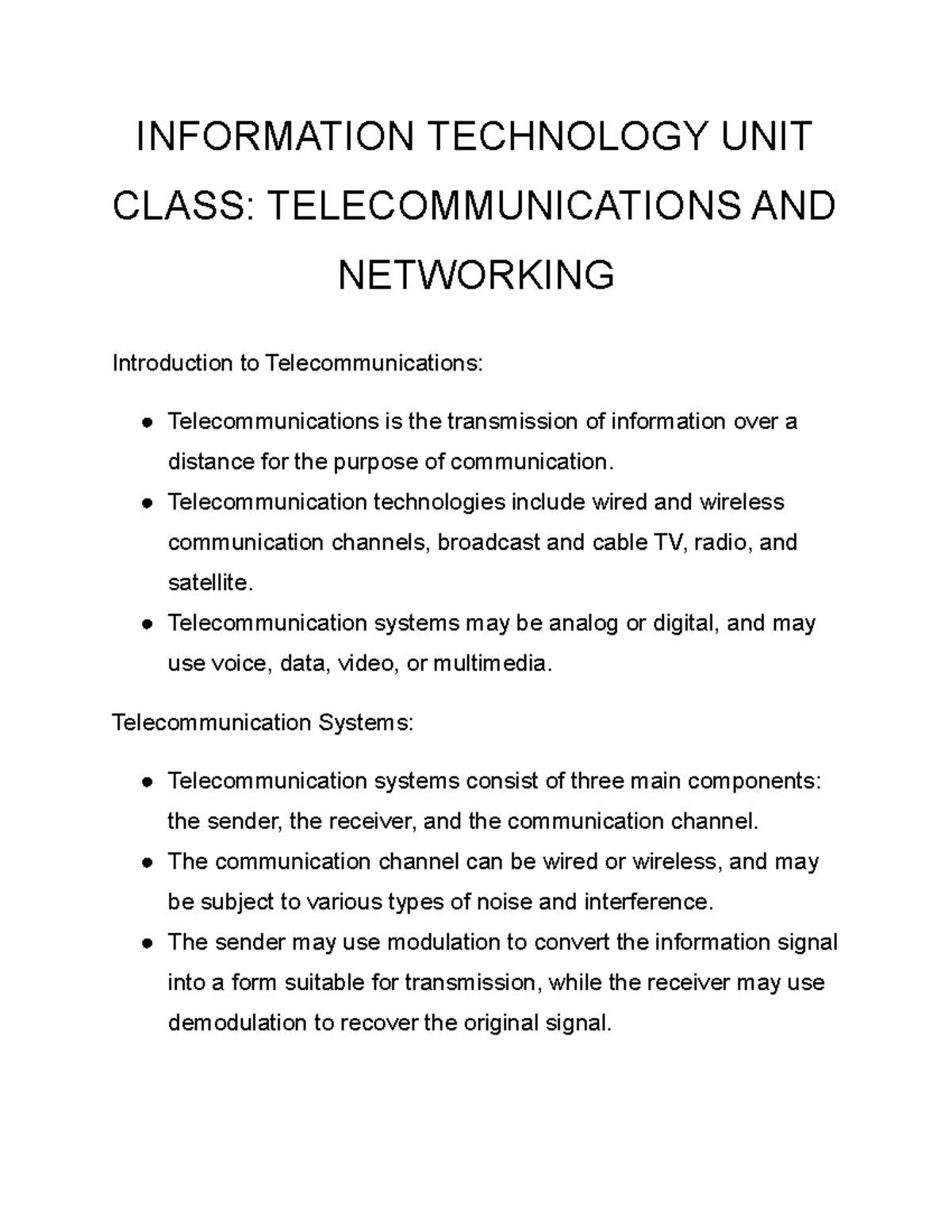 Information Technology UNIT Class Telecommunications AND Networking ...