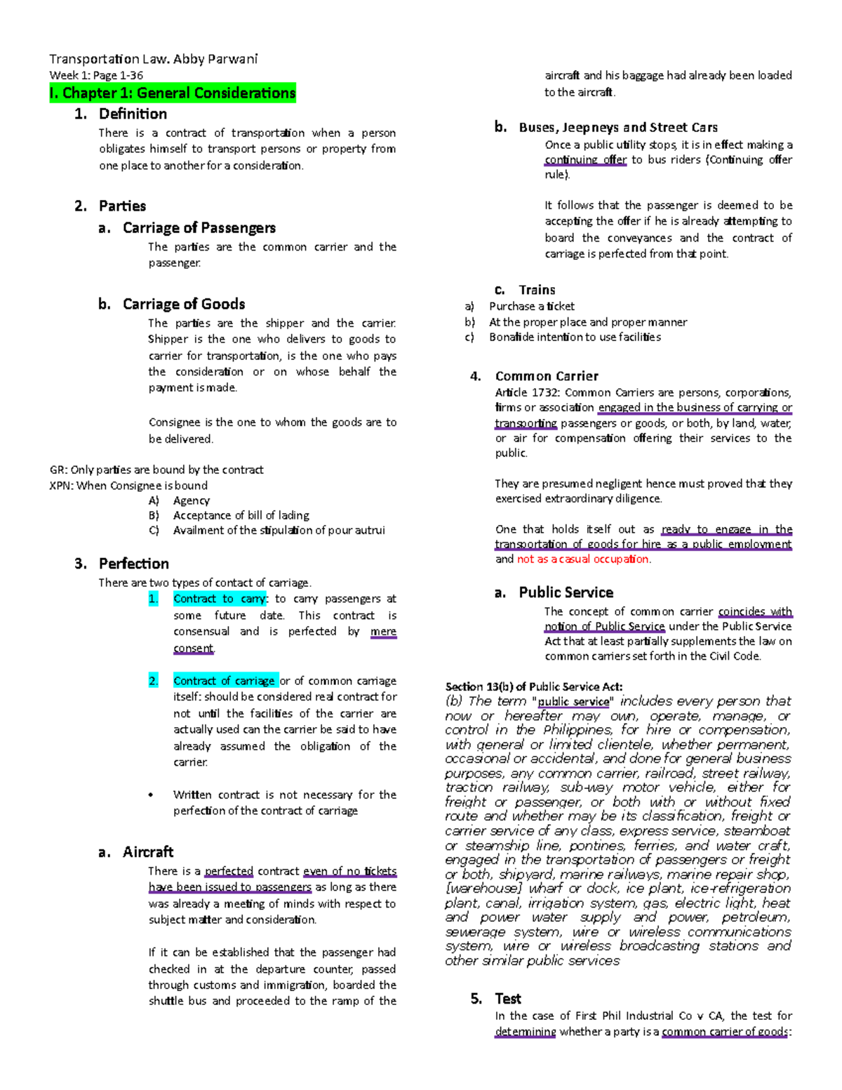 Transportation Law notes week 1 - Week 1: Page 1- I. Chapter 1: General ...