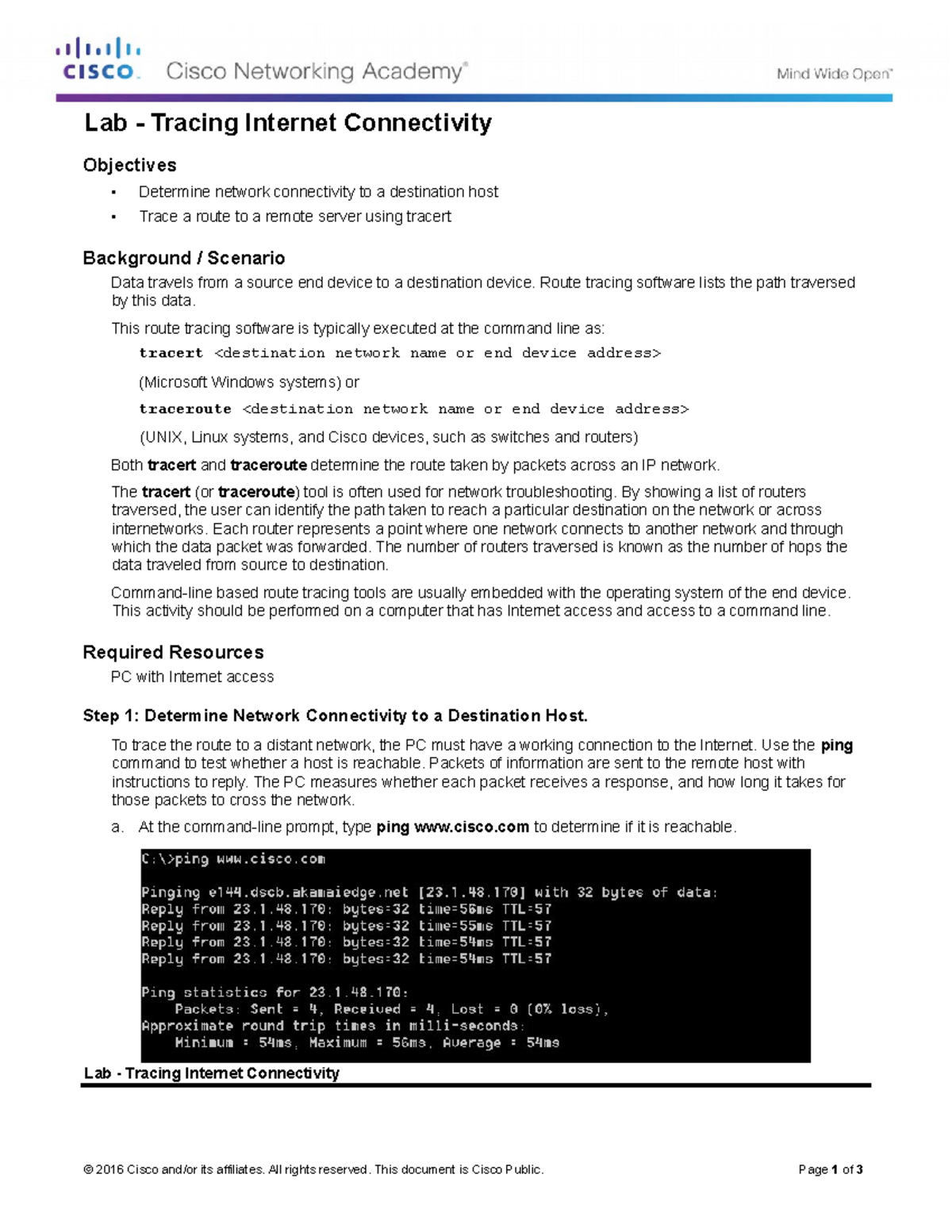 1.3.2.4 Lab - Tracing Internet Connectivity - Lab - Tracing Internet Connectivity Objectives ...