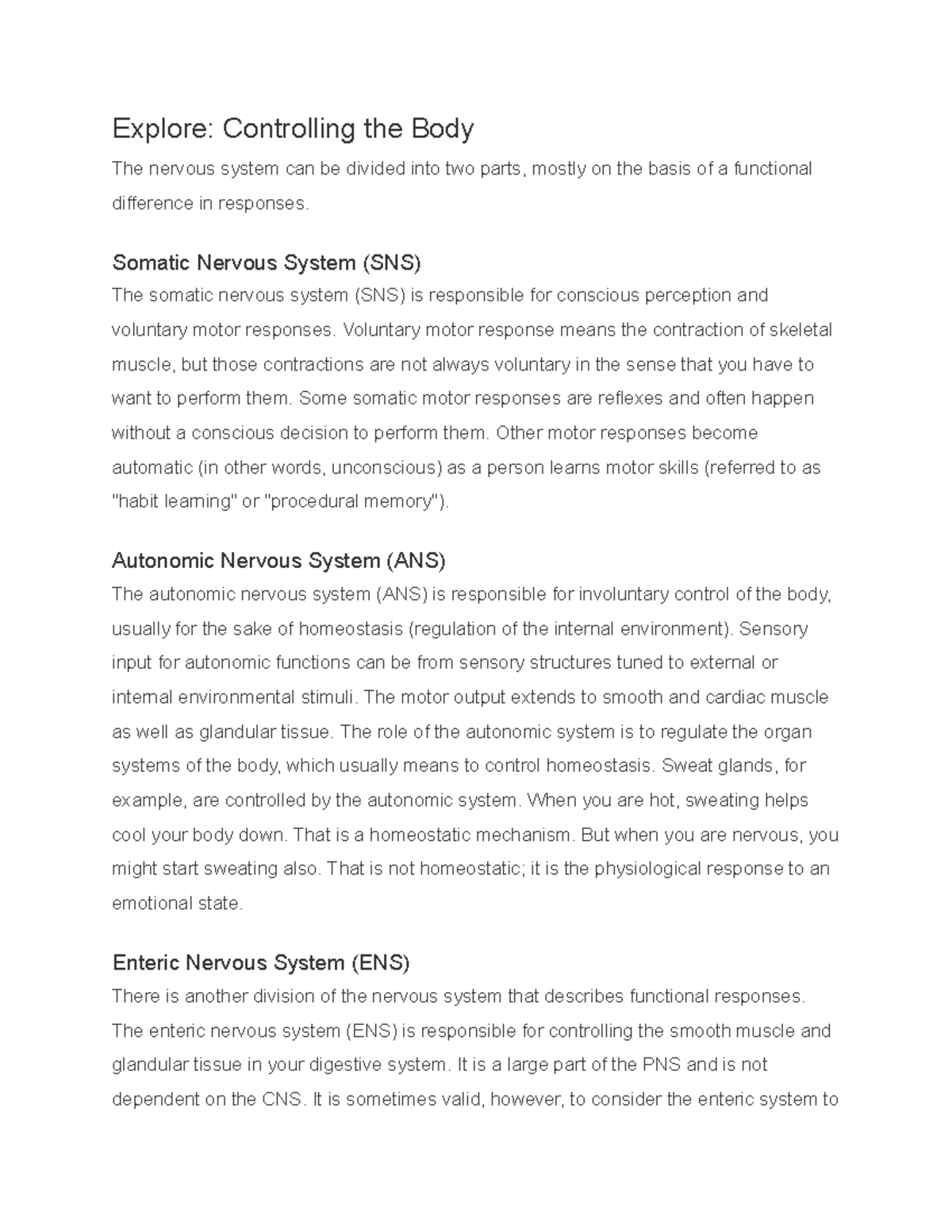 Controlling the Body - the body and the function - Explore: Controlling ...