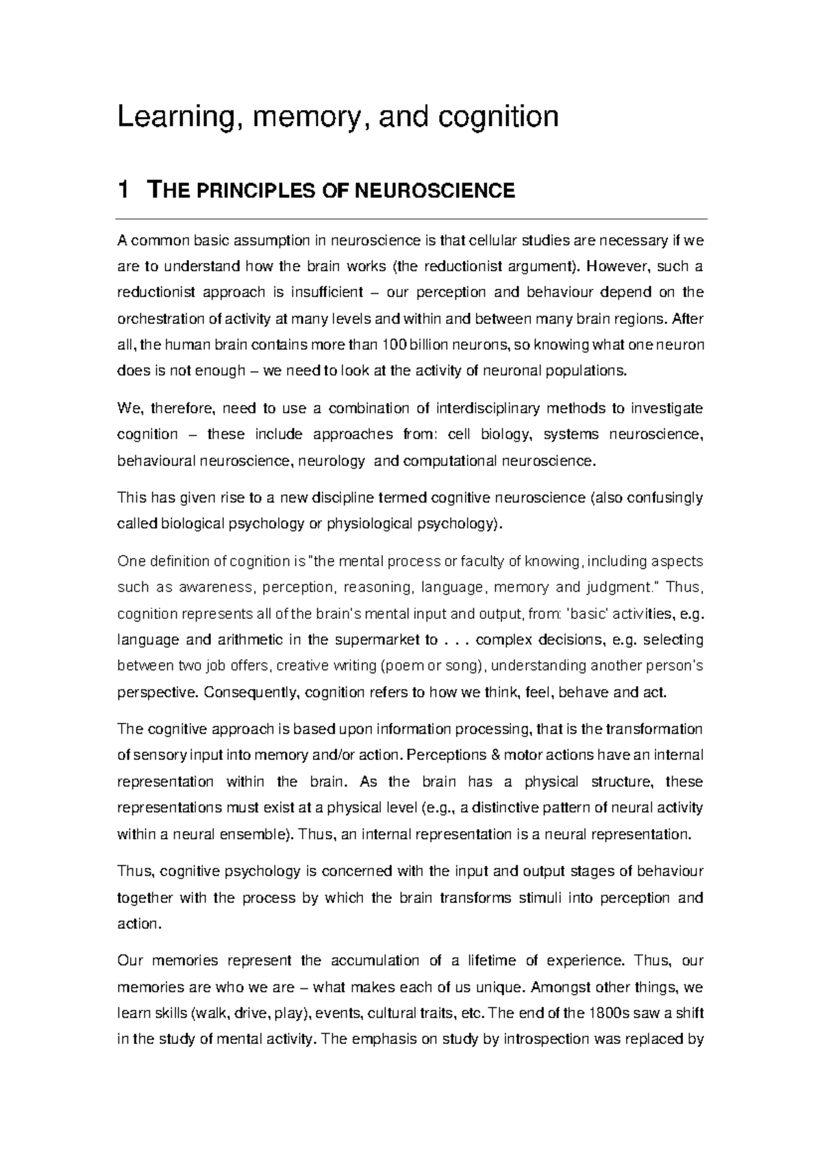 Learning Memory AND Cognition - Learning, memory, and cognition 1 THE PRINCIPLES OF NEUROSCIENCE ...