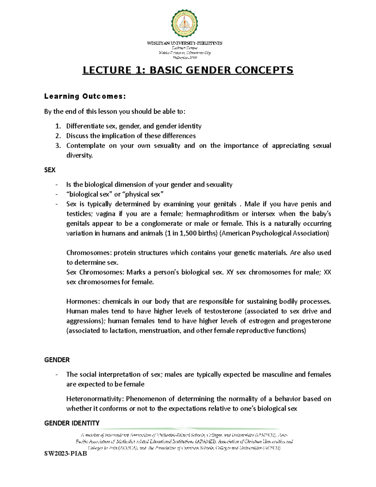 GEE3 Gender and Society Lecture 1 - LECTURE 1: BASIC GENDER CONCEPTS ...