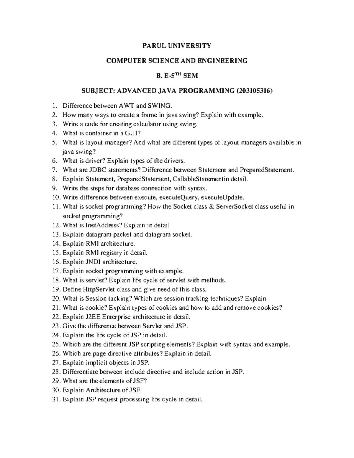 AJP Important Questions - PARUL UNIVERSITY COMPUTER SCIENCE AND ENGINEERING B. E-5TH SEM SUBJECT ...