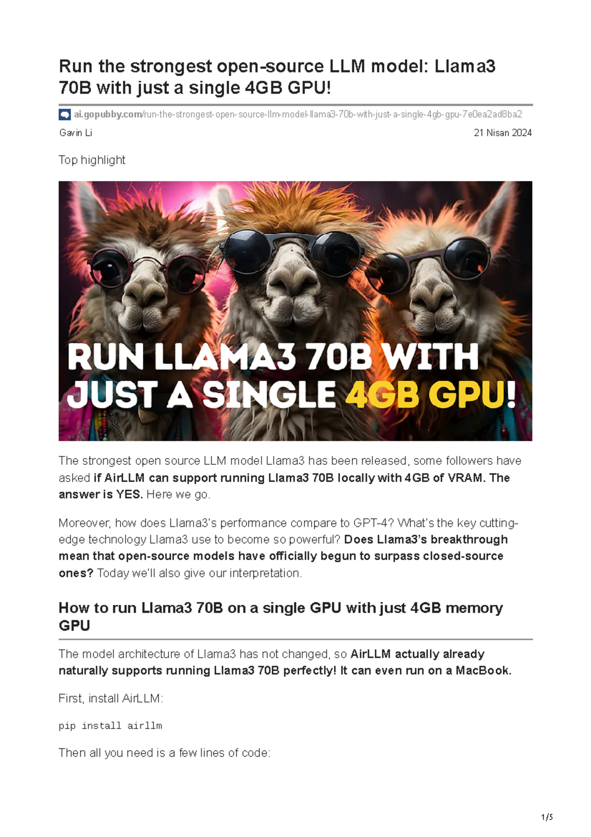 Ai.gopubby.com-Run the strongest open-source LLM model Llama 3 70B with just a single 4GB GPU ...