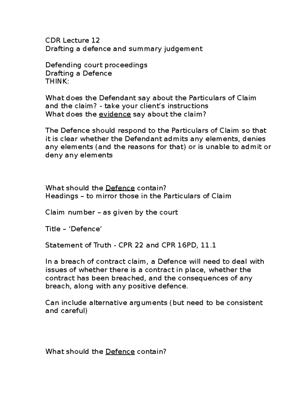 CDR Lecture 12 - CDR Lecture 12 Drafting a defence and summary ...