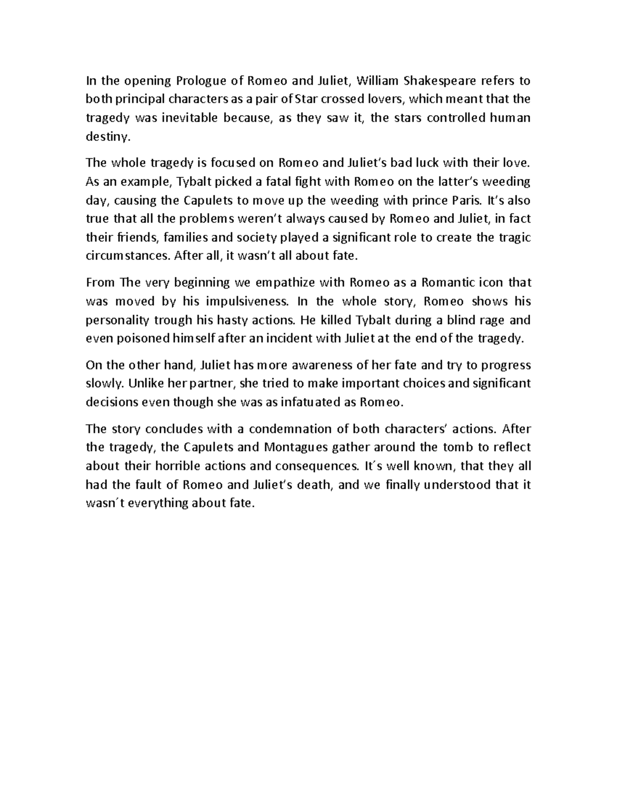 Writing 1-Summary Romeo and Juliet - In the opening Prologue of Romeo ...