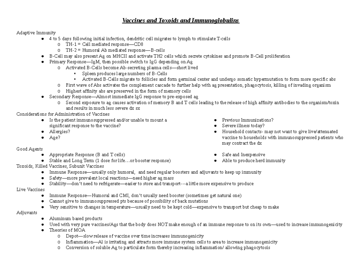 Immuno Exam 2 Study Guide - Vaccines - Vaccines and Toxoids and ...