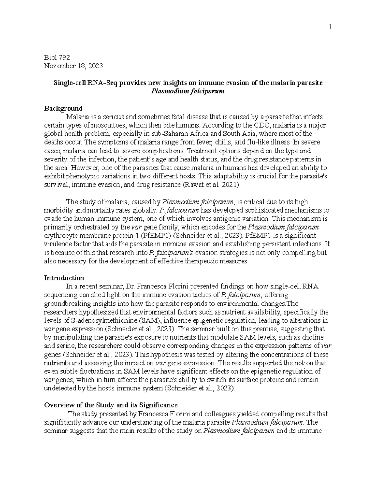 Final Report Draft-1 - Biol 792 November 18, 2023 Single-cell RNA-Seq ...