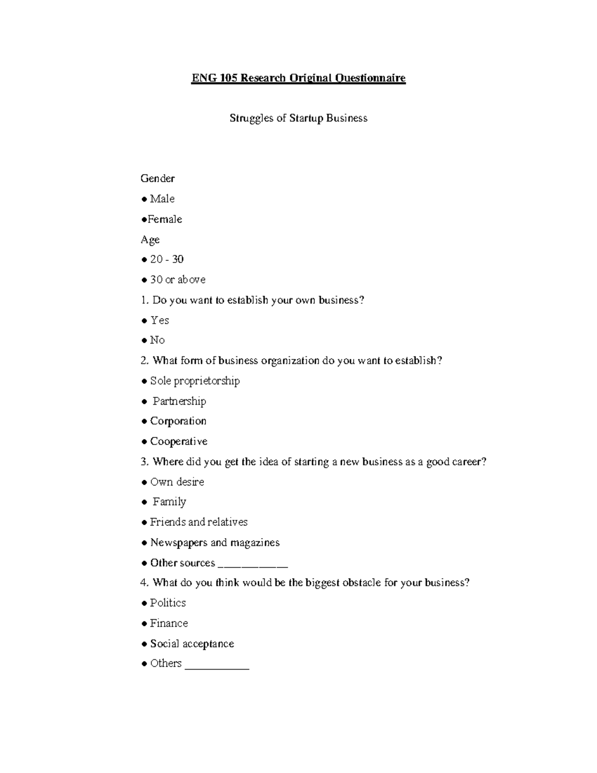 Research original Questionnaire - ENG 105 Research Original ...