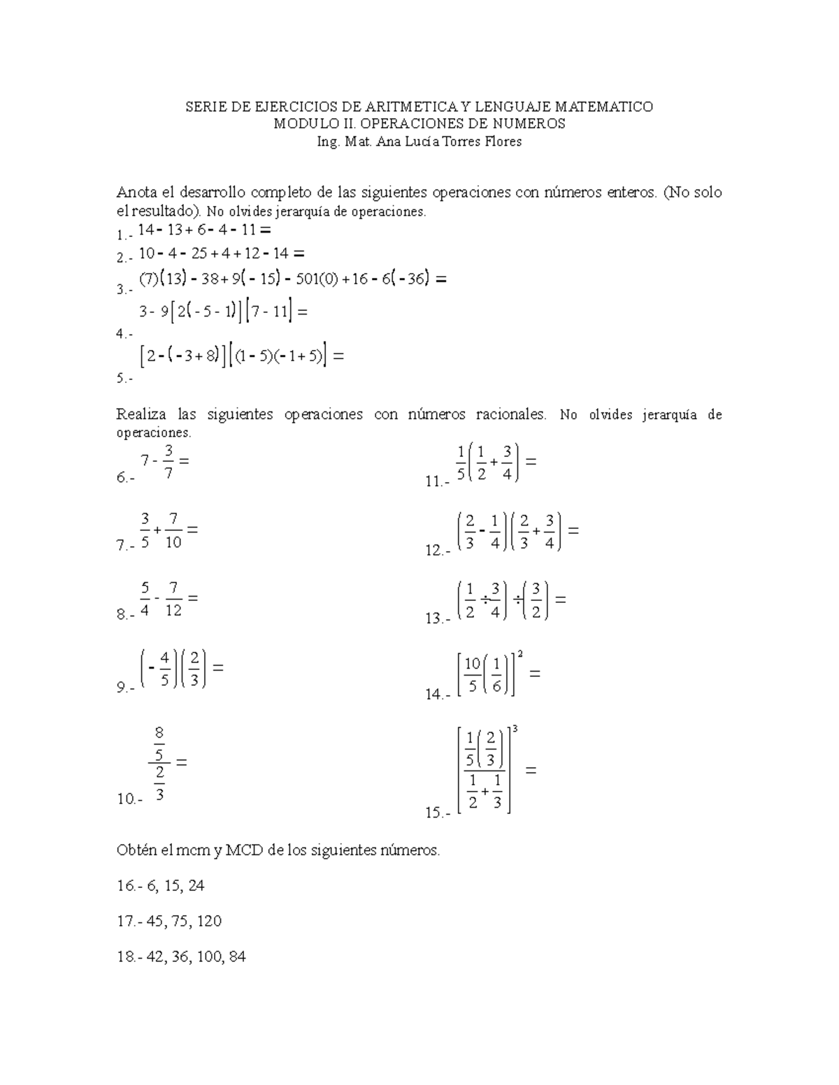 Serie DE Ejercicios Modulo II - SERIE DE EJERCICIOS DE ARITMETICA Y ...