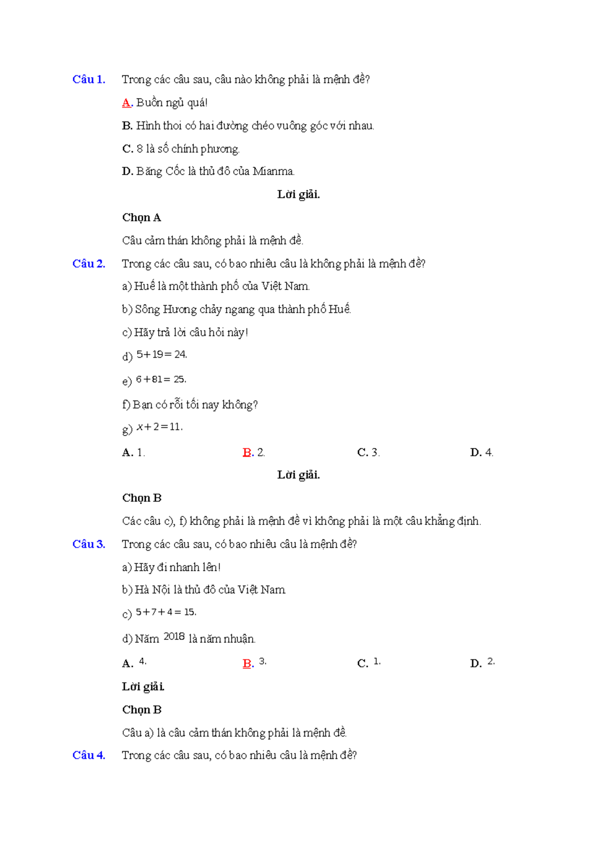 Document - ffdfd - Câu 1. Trong các câu sau, câu nào không phải là mệnh ...