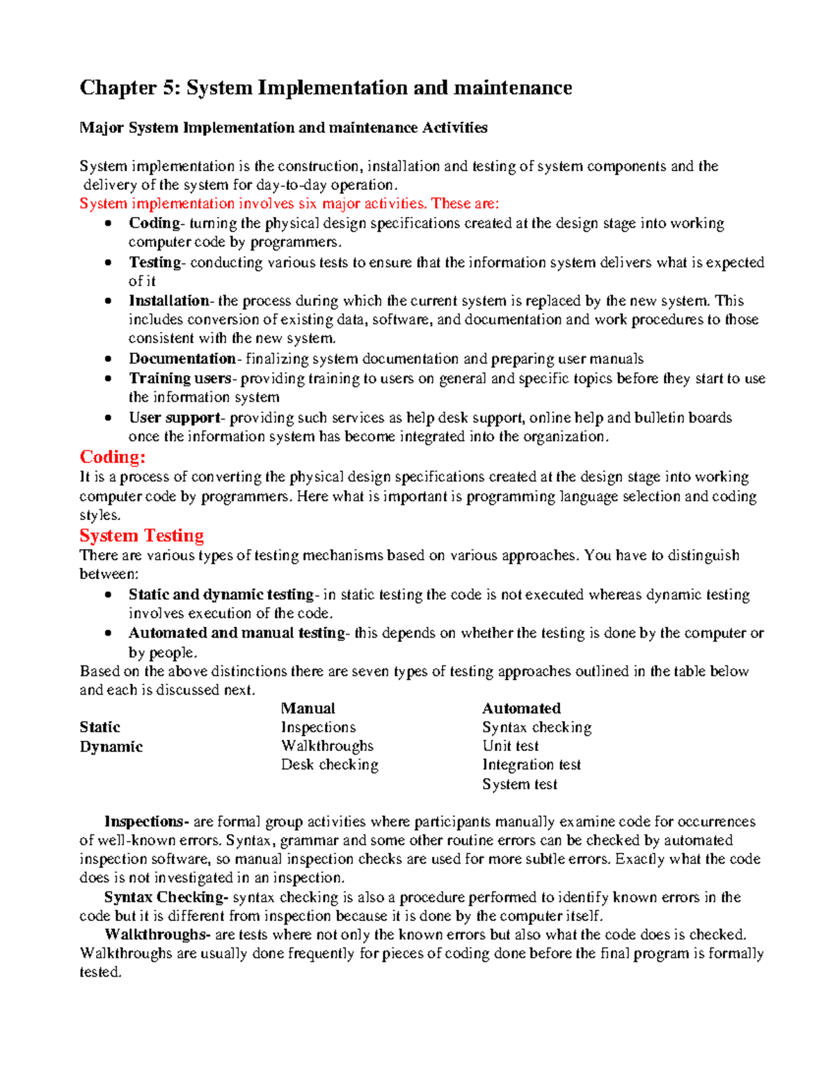 Chapter 5 implementation - Chapter 5: System Implementation and maintenance Coding- turning the ...