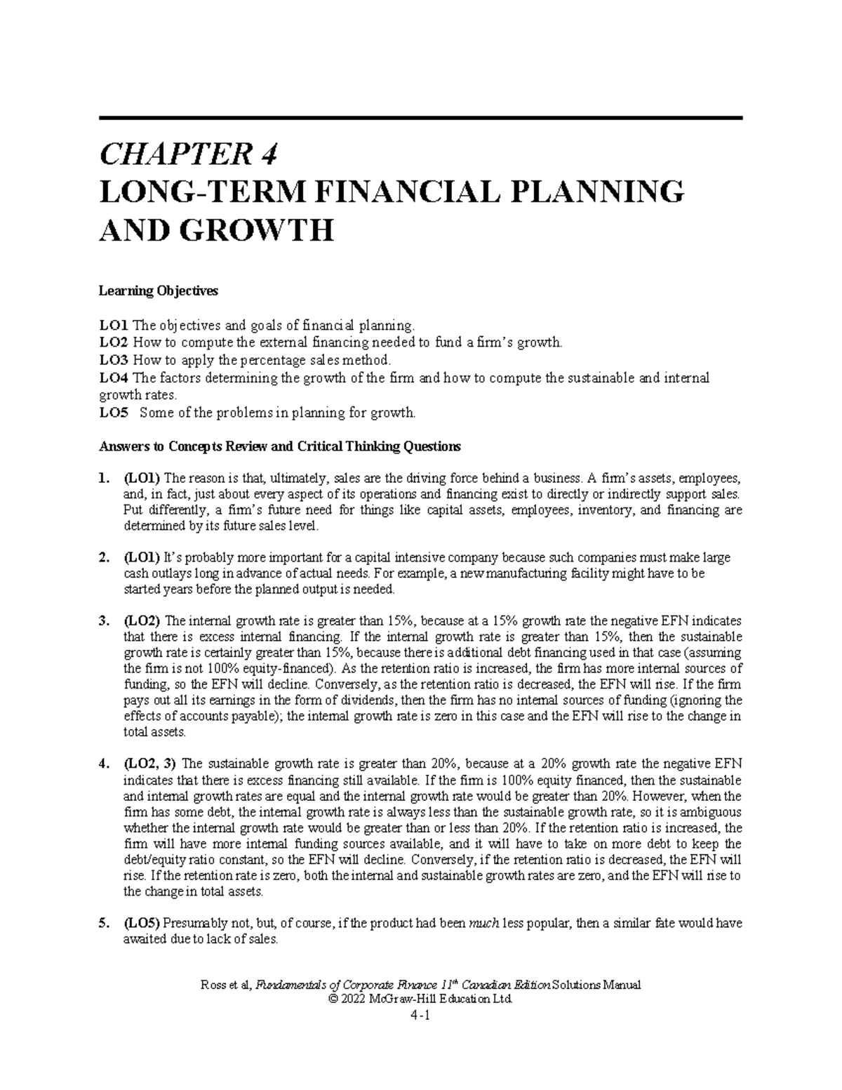 Ross FCF 11ce SM ch04 - Answers of chapter 4 problems - CHAPTER 4 LONG-TERM FINANCIAL PLANNING ...