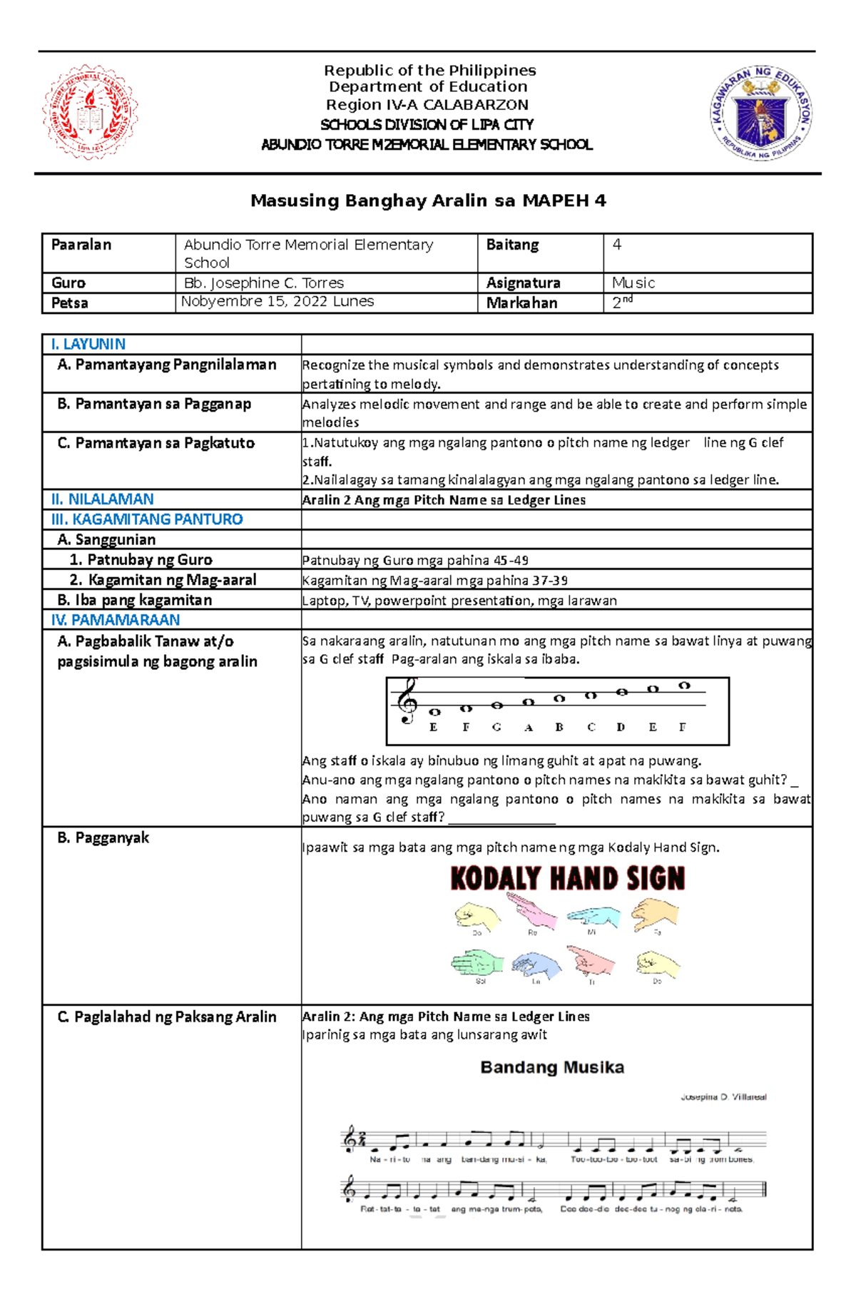 Mapeh DAY 1 Music - lesspn plan - Republic of the Philippines ...