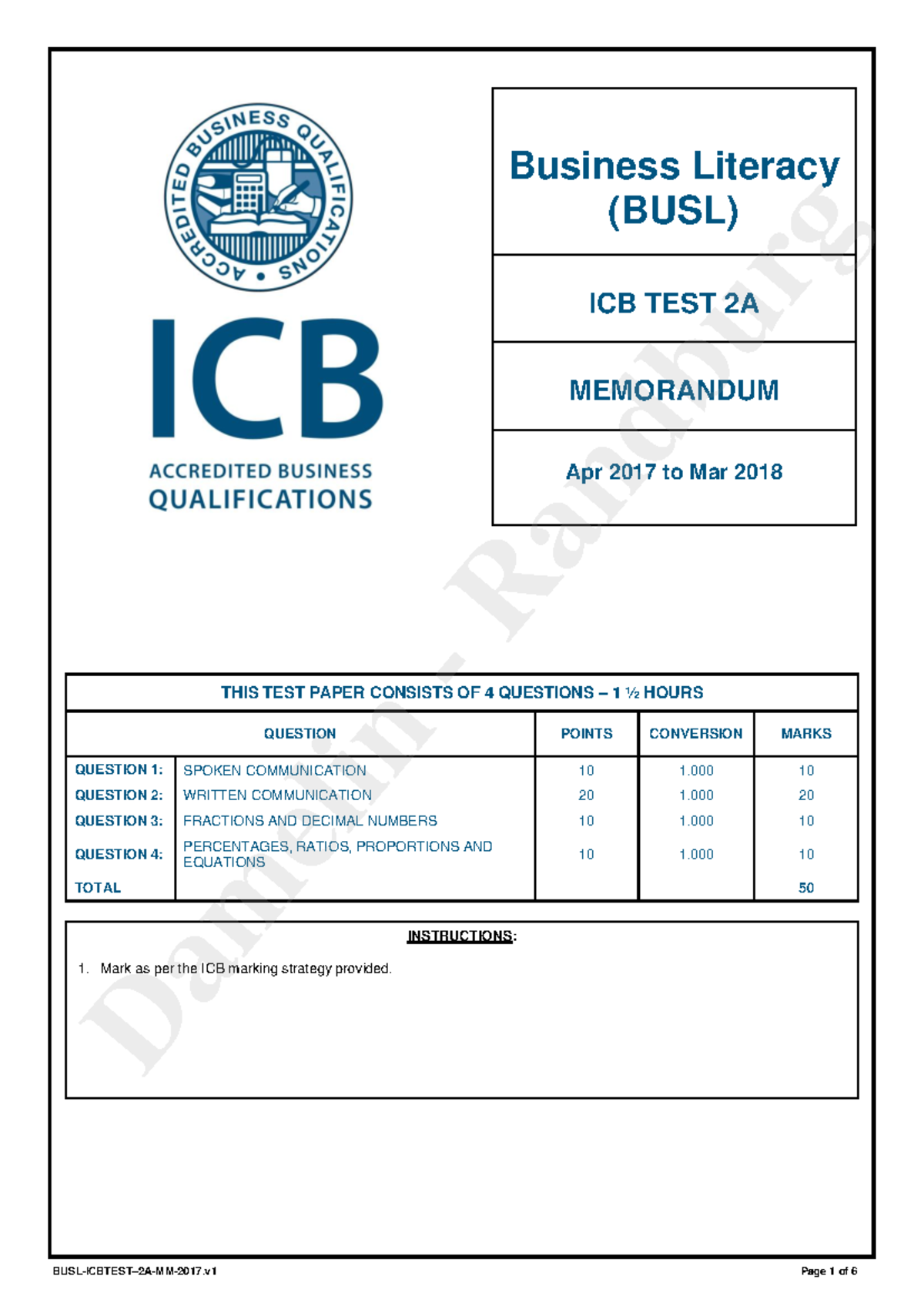 BUSL Icbtest 2A MM 2017 - ICB Tests - Business Literacy (BUSL) ICB TEST ...