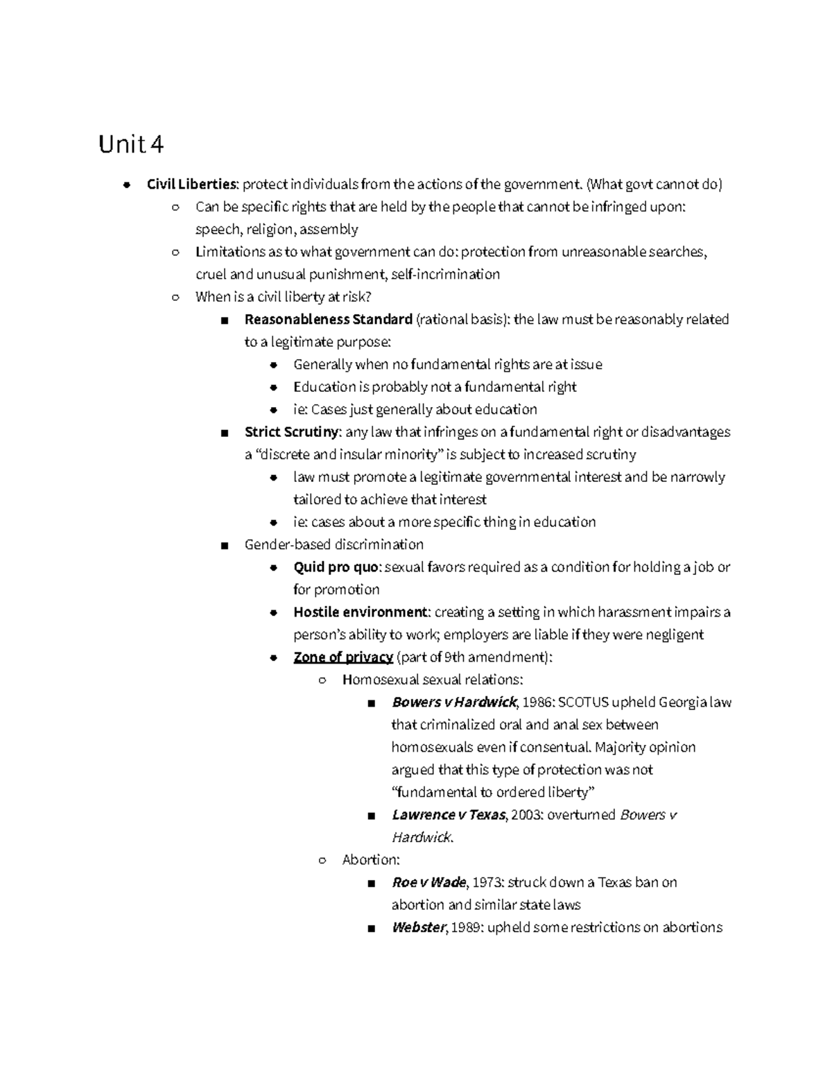 US Gov Notes Unit 4 (1 of 4) - Unit 4 Civil Liberties: protect ...