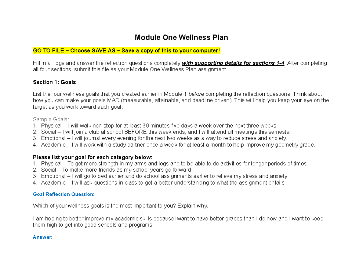 Module one wellness plan - Module One Wellness Plan GO TO FILE – Choose ...