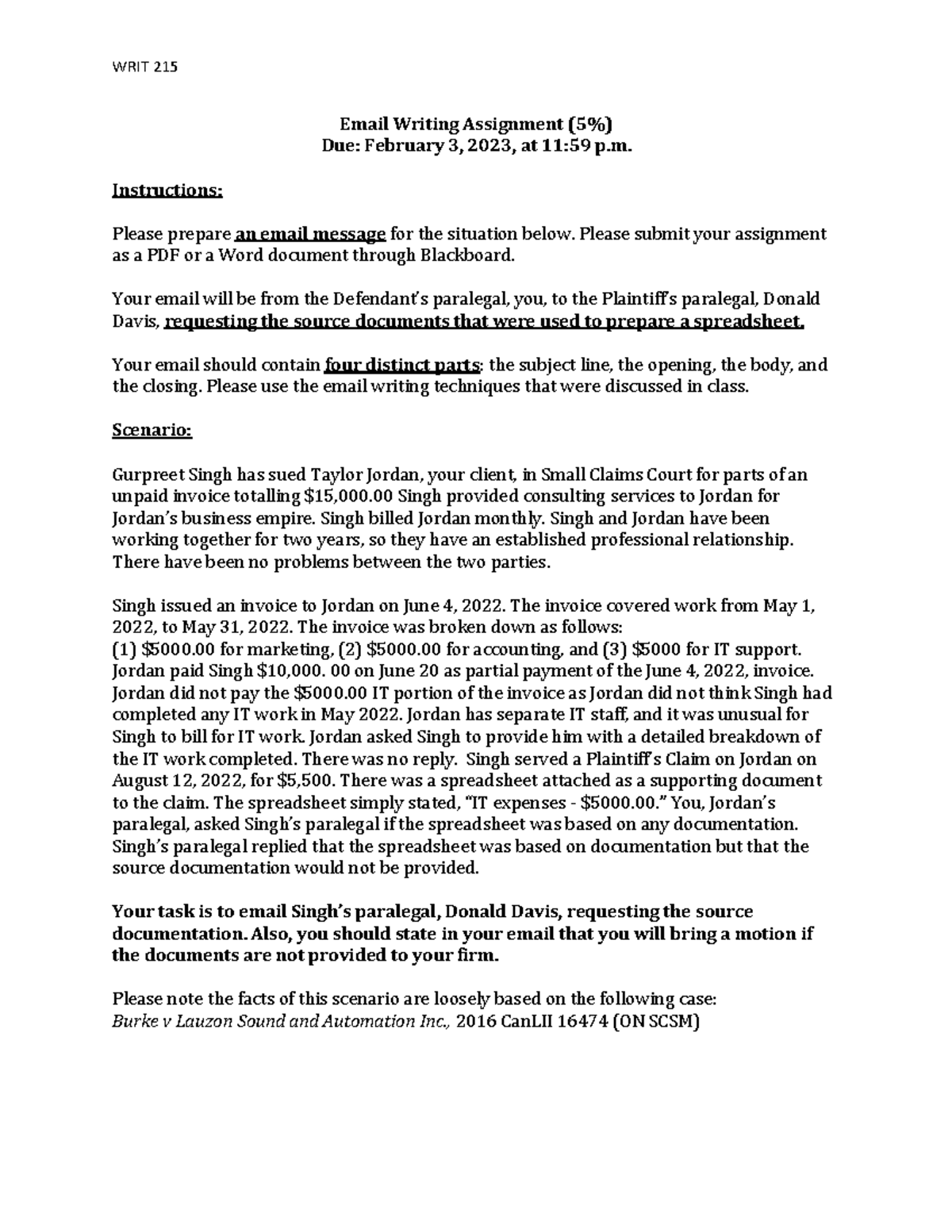 WRIT 215 Email Writing Assignment Winter 2023 0ND - WRIT 215 Email ...