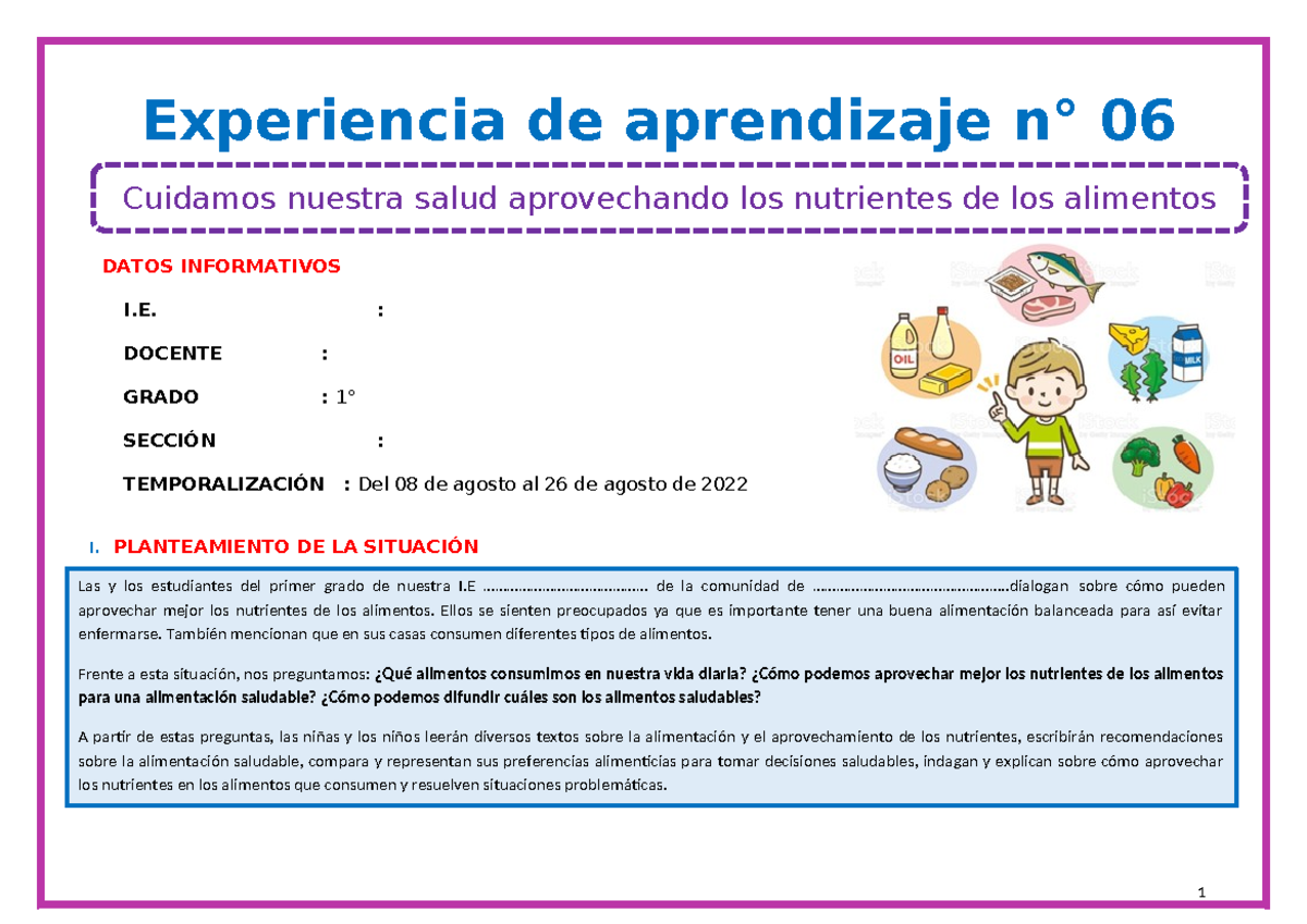 Experiencia DE Aprendizaje 06 1º - Experiencia de aprendizaje n° 06 DATOS INFORMATIVOS I ...